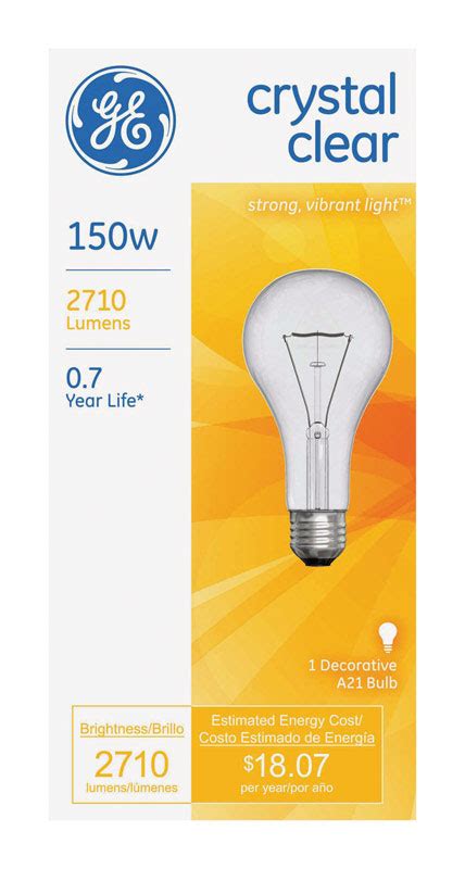 Ge Incandescent Light Bulb 150 Watts 2710 Lumens 2900 K A Line A21 Med