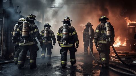 Firefighters Standing Close To A Fire And Oil Smoke Background Firemen Picture Firemen Fire