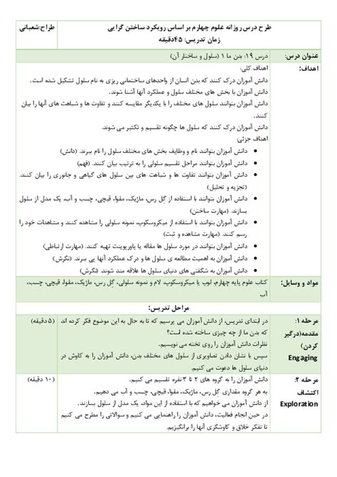طرح درس روزانه علوم پایه چهارم دبستان بر اساس الگوی تدریس ساختن گرایی