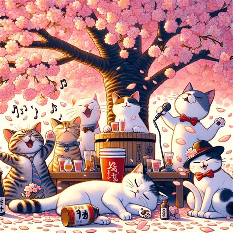 Dall·e お花見する猫さん 酔っ払い編｜ねこ鉄道（jae02546）