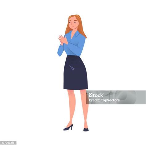 웃고 있는 여성 캐릭터 박수와 박수 제스처 벡터 일러스트로 손을 잡고 서 있다 감탄에 대한 스톡 벡터 아트 및 기타 이미지