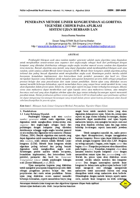 Pdf Penerapan Metode Linier Kongruendan Algoritma VigenÈre Chiper