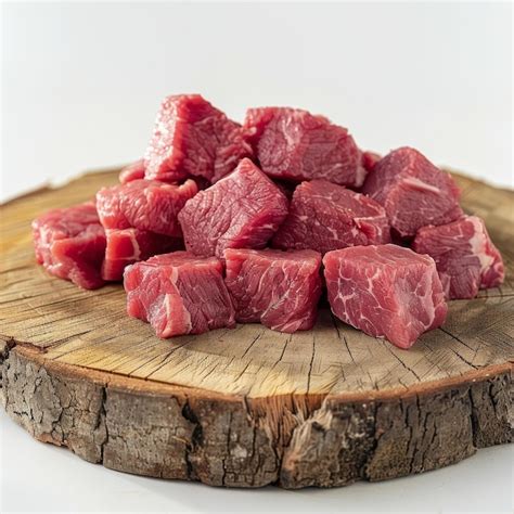 Premium Photo Fresh Raw Diced Beef Cubes On A Wooden Cutting Board