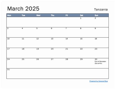 Free Monthly Calendar Template For March 2025 With Tanzania Holidays