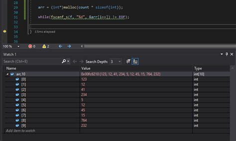 C Msvc 2019 Is There A Way To See The Arrays Elements Made With
