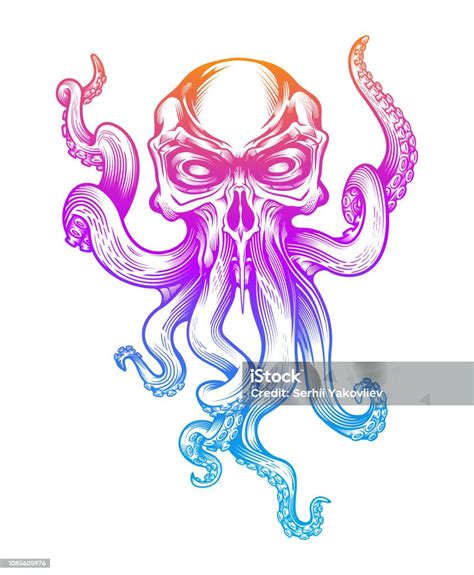 해골 문 어의 마스코트 그라데이션에 대한 스톡 벡터 아트 및 기타 이미지 그라데이션 다중 색상 두개골 Istock