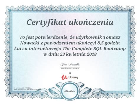 Tomasz Nowacki On Linkedin Completion Certificate For The Complete Sql Bootcamp