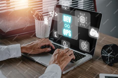 Premium Photo Devops Concept Woman Hand Using Laptop Computer With Devops Icon On Vr Screen On