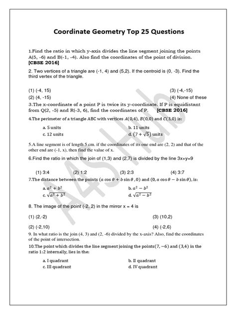 Chapter 7 Coordinate Geometry Top 25 Questions Pdf Cartesian Coordinate System Circle