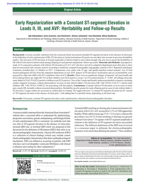 Pdf Early Repolarization With A Constant St Segment Elevation In Leads Ii Iii And Avf