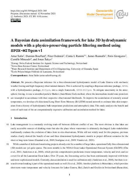 Pdf A Bayesian Data Assimilation Framework For Lake 3d Hydrodynamic