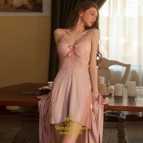 Pink Dress French Romantic Lace Silk Satin Night Gown And Robe Pajama