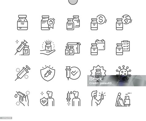 코로나 바이러스 백신 잘 만들어진 픽셀 완벽한 벡터 얇은 라인 아이콘 30 웹 그래픽 및 응용 프로그램을위한 그리드 2 배 간단한 최소한의 그림 백신접종에 대한 스톡 벡터