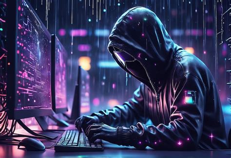 Premium Ai Image Hacker With Computer In Dark Room With Binary