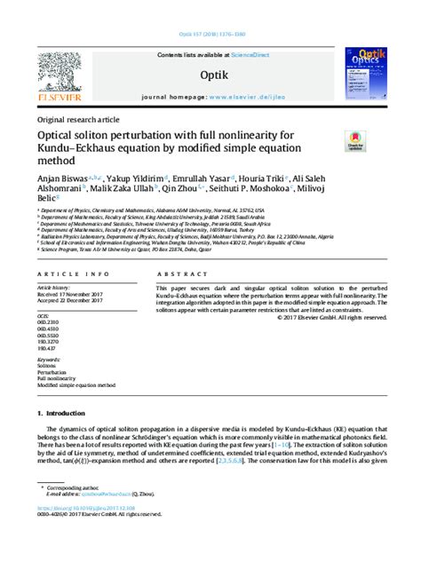 Pdf Optical Soliton Perturbation With Full Nonlinearity In Non Kerr Law Media