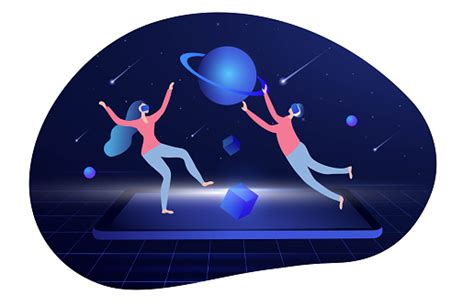 메타버스 디지털 가상 현실 및 증강 현실 기술 가상 공간 및 우주 벡터 일러스트에 연결 가상 현실 헤드셋 안경을 착용 커플 Brand Name Smart Phone에 대한