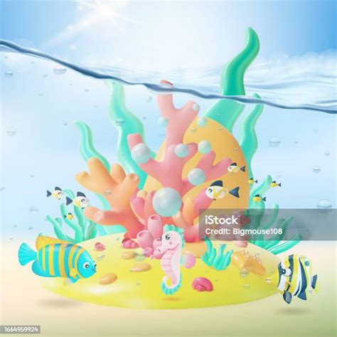 3d Warna Dunia Bawah Air Konsep Pemandangan Gaya Kartun Vektor Ilustrasi Stok Unduh Gambar
