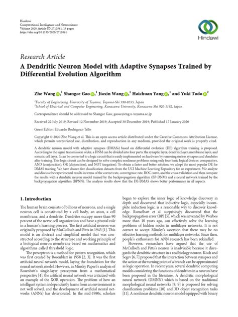 A Dendritic Neuron Model With Adaptive Synapses Trained Bydifferential Evolution Algorithm Pdf