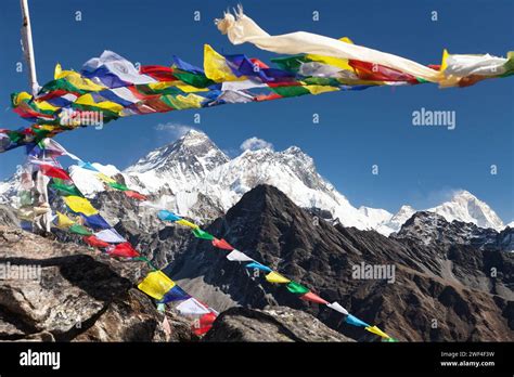 View Of Mount Everest Mt Lhotse And Makalu Peak With Buddhist Prayer