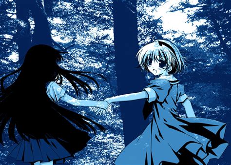Safebooru 2girls Bangs Blue Blush Dress Forest Furude Rika Hand