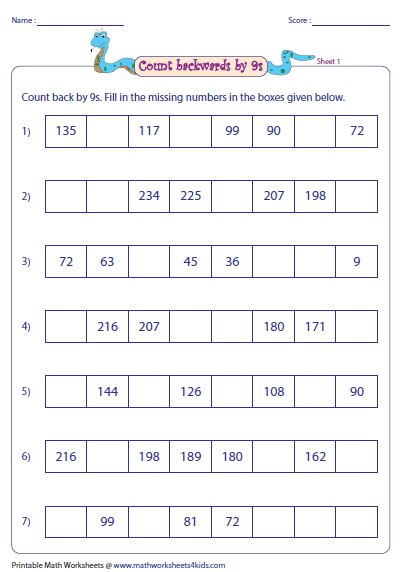 Skip Counting By 9s Worksheets