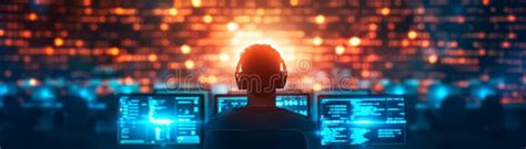 Cybersecurity Analyst Monitoring Data On Multiple Screens Stock