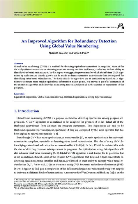 pdf an improved algorithm for redundancy detection using global value