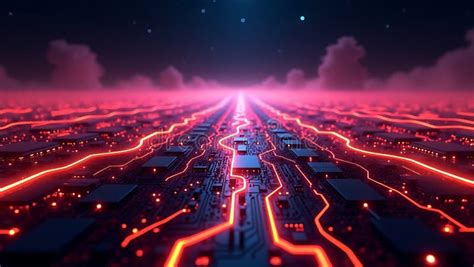 A Futuristic Circuit Board Landscape With Glowing Red Pathways And A Cloudy Pink Sky Above It