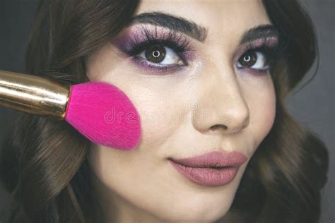 Closeup Portrait Of Beautiful Woman With Bright Make Up And Pink Lips