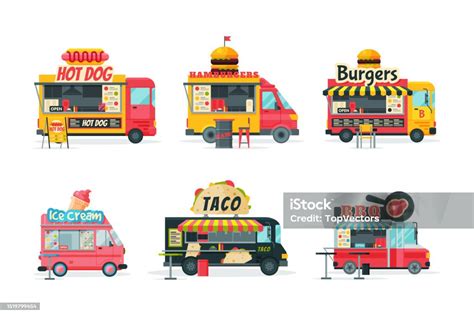 길거리 푸드 트럭이 있습니다 핫도그 햄버거 바베큐 타코 아이스크림 밴 자동차 만화 벡터 일러스트레이션 푸드 트럭에 대한 스톡 벡터 아트 및 기타 이미지 Istock
