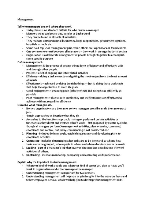 Management Lecture Notes Management Tell Who Managers Are And Where