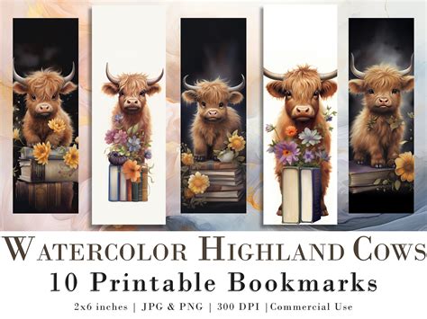 10 Watercolor Highland Cow Printable Bookmarks Digital Etsy Canada