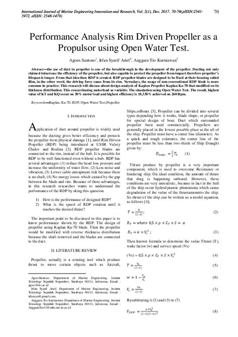 Pdf Performance Analysis Rim Driven Propeller As A Propulsor Using Open Water Test