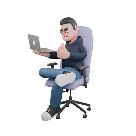 A Male Programmer Sits On A Gaming Chair With His Right Leg Over His Left Leg And Holds A Laptop