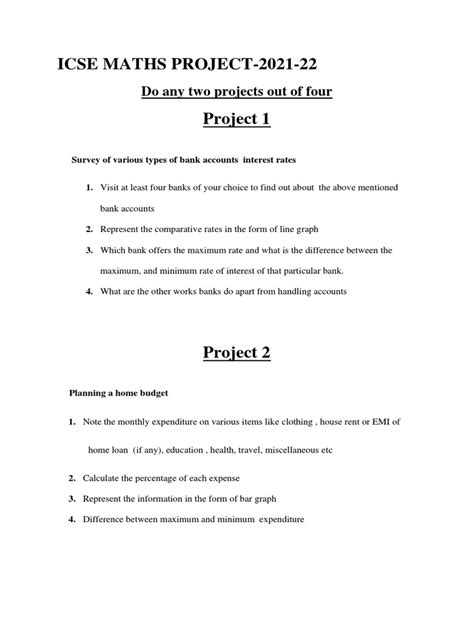 Icse Maths Project 2021 22 Do Any Two Projects Out Of Four Pdf