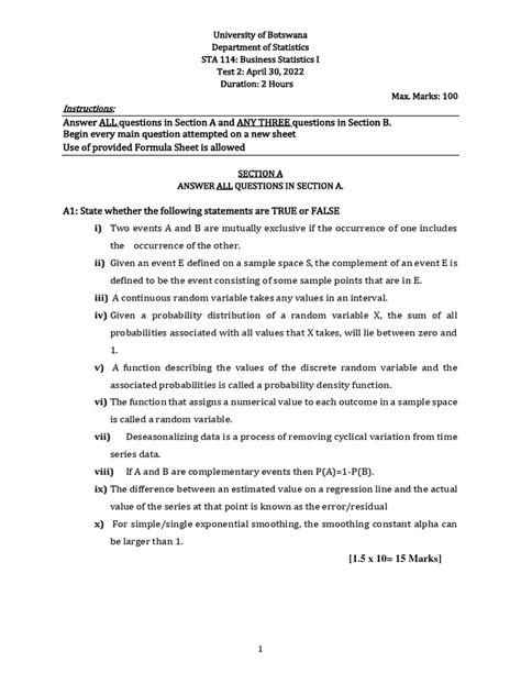 Sta 114 Test 2 30th April 2022 Question Paper Pdf Probability