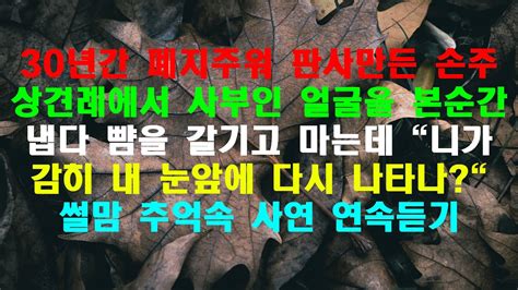 실화사연 30년간 폐지주워 판사만든 손주 상견례에서 사부인 얼굴을 본순간 냅다 뺨을 갈기고 마는데 니가 감히 내 눈앞에 다시 나타나썰맘 추억속 사연 연속듣기