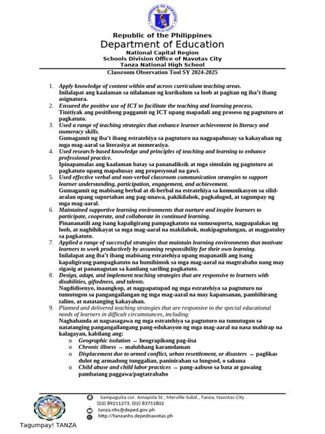 Cot Rating Sheet Indicator Tagalog Version Sy 2024 2025 Pdf