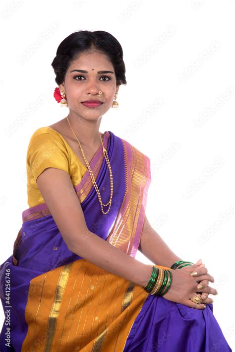 Beautiful Indian Young Girl Posing In Traditional Indian Saree On White