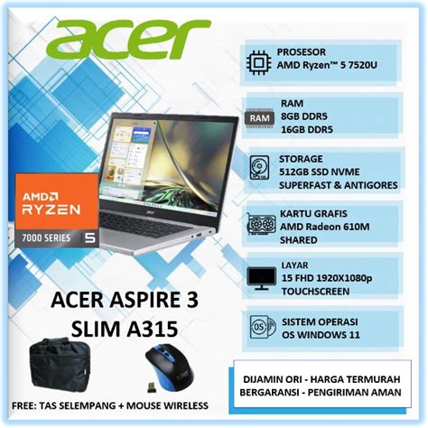 Jual Laptop Acer Aspire A Slim Ryzen Seri Gb Gb Ssd Win Shopee Indonesia