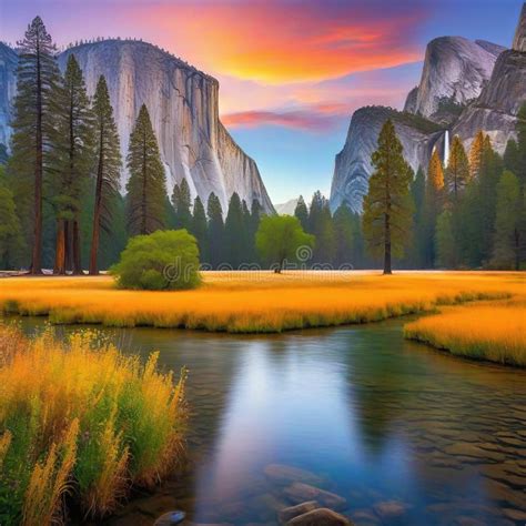 Scenic View Of Yosemite National Park During Sunrise In Landscape Comic