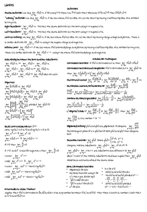 Calc Pg2 Calculus Notes Limits Definitions Precise Definition We Say Lim X→a F X L If For