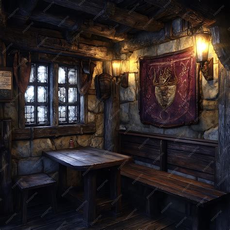 Medieval Tavern Interior With Wooden Table And Bench Premium Ai