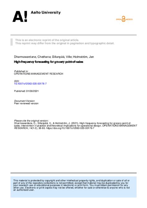 Pdf High Frequency Forecasting For Grocery Point Of Sales Intervention In Practice And