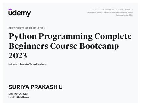 Udemy Course Completion Certificate Suriya Prakash U