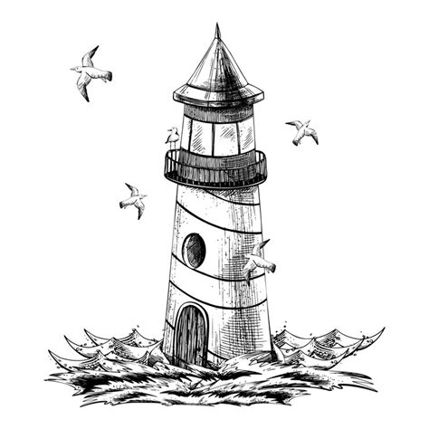Premium Vector Striped Sea Lighthouse With Flying Seagull Standing On Grass On Seashore With