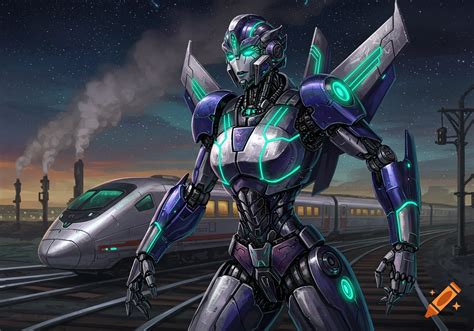 A Blue And Purple Female Transformer Robot With Glowing Green Details