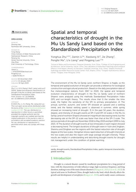 Pdf Spatial And Temporal Characteristics Of Drought In The Mu Us