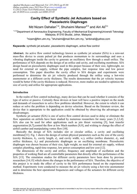 Pdf Cavity Effect Of Synthetic Jet Actuators Based On Piezoelectric