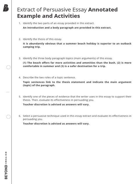 Extract Of Persuasive Essay Annotated Example And Activities Answers